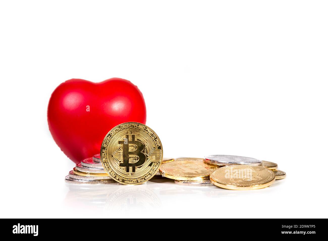Conceptual cryptocurrency bitcoin with red heart denoting love or like ...