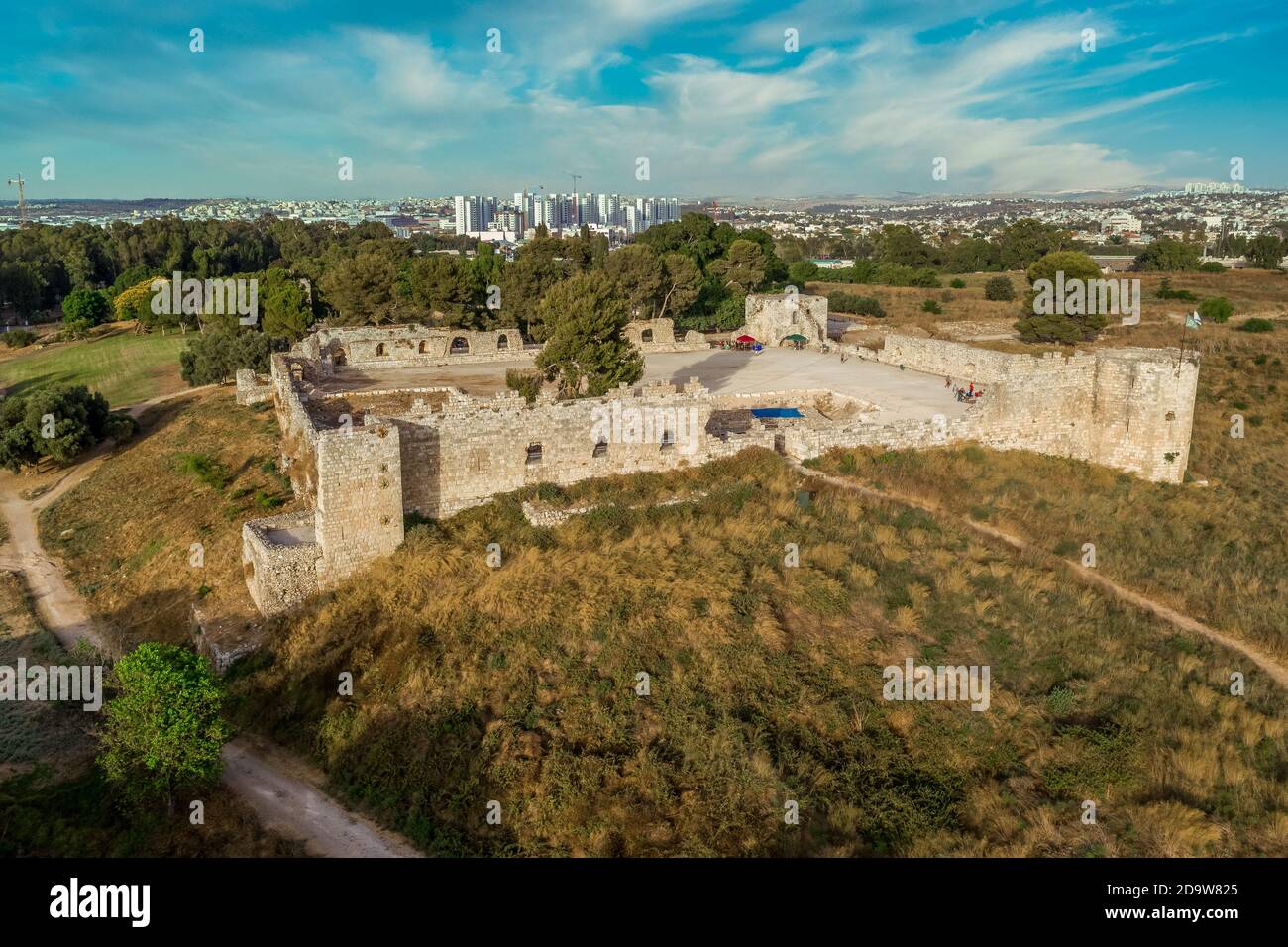 Aerial view of Binar Bashi or Antipatris, Ottoman era stone stronghold ...