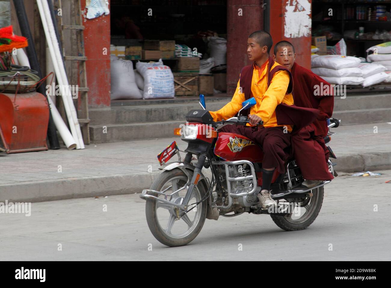 Two young Tibetan monks on a motorcycle, main street, Bamei, west ...
