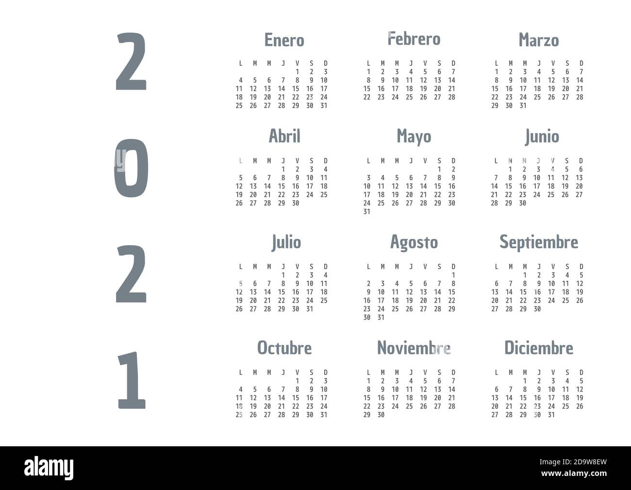 2021 calendar in spanish easily costomizable with overlay. Isolated ...
