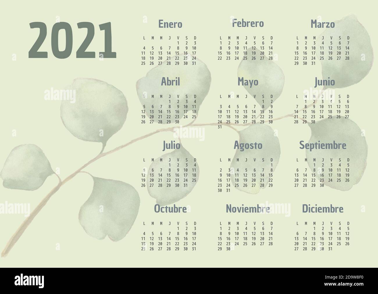 2021 calendar in spanish with a drawing of a watercolor leave on a soft ...