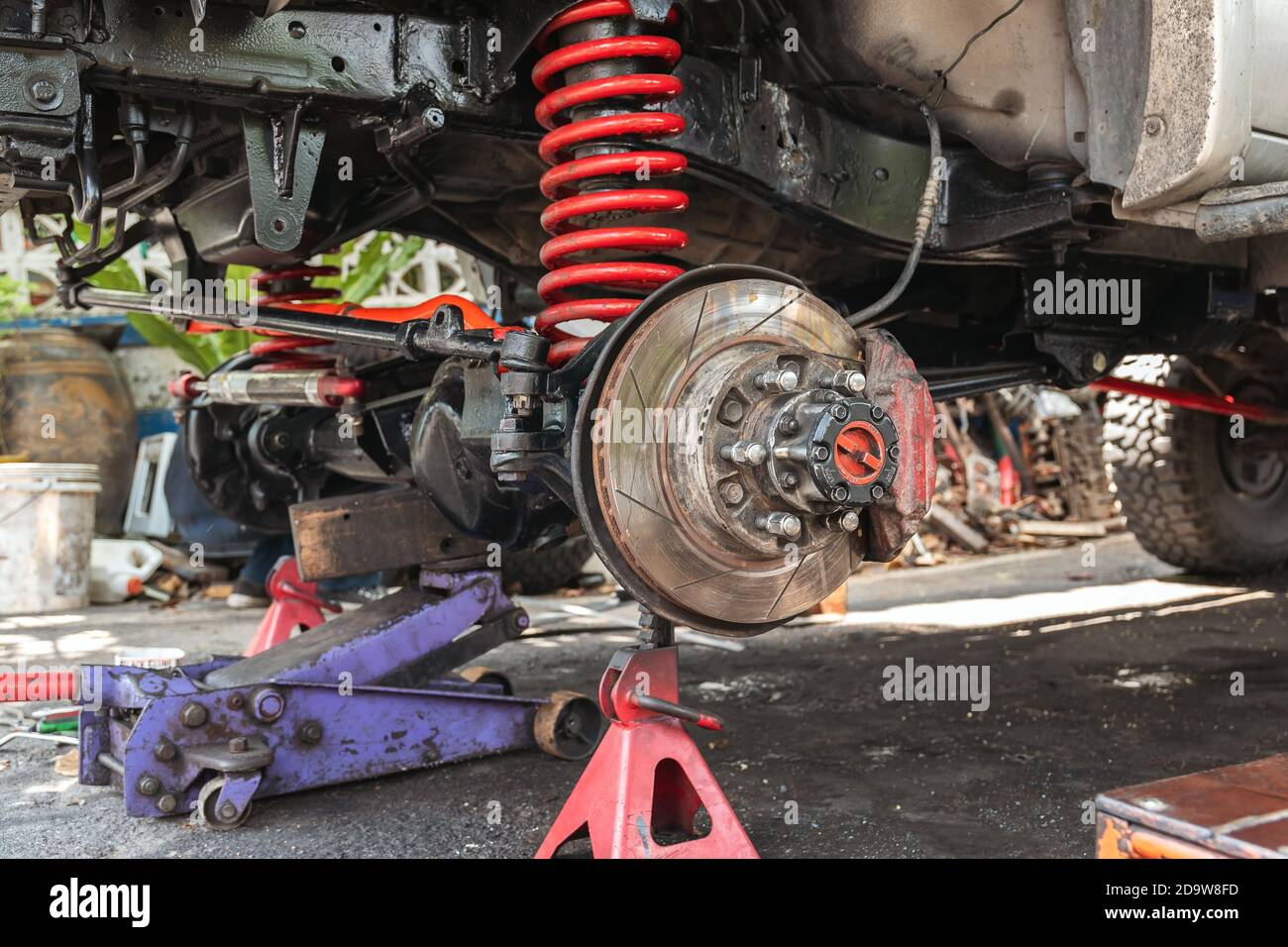 The front wheel of the car was removed to repair the brake system ...