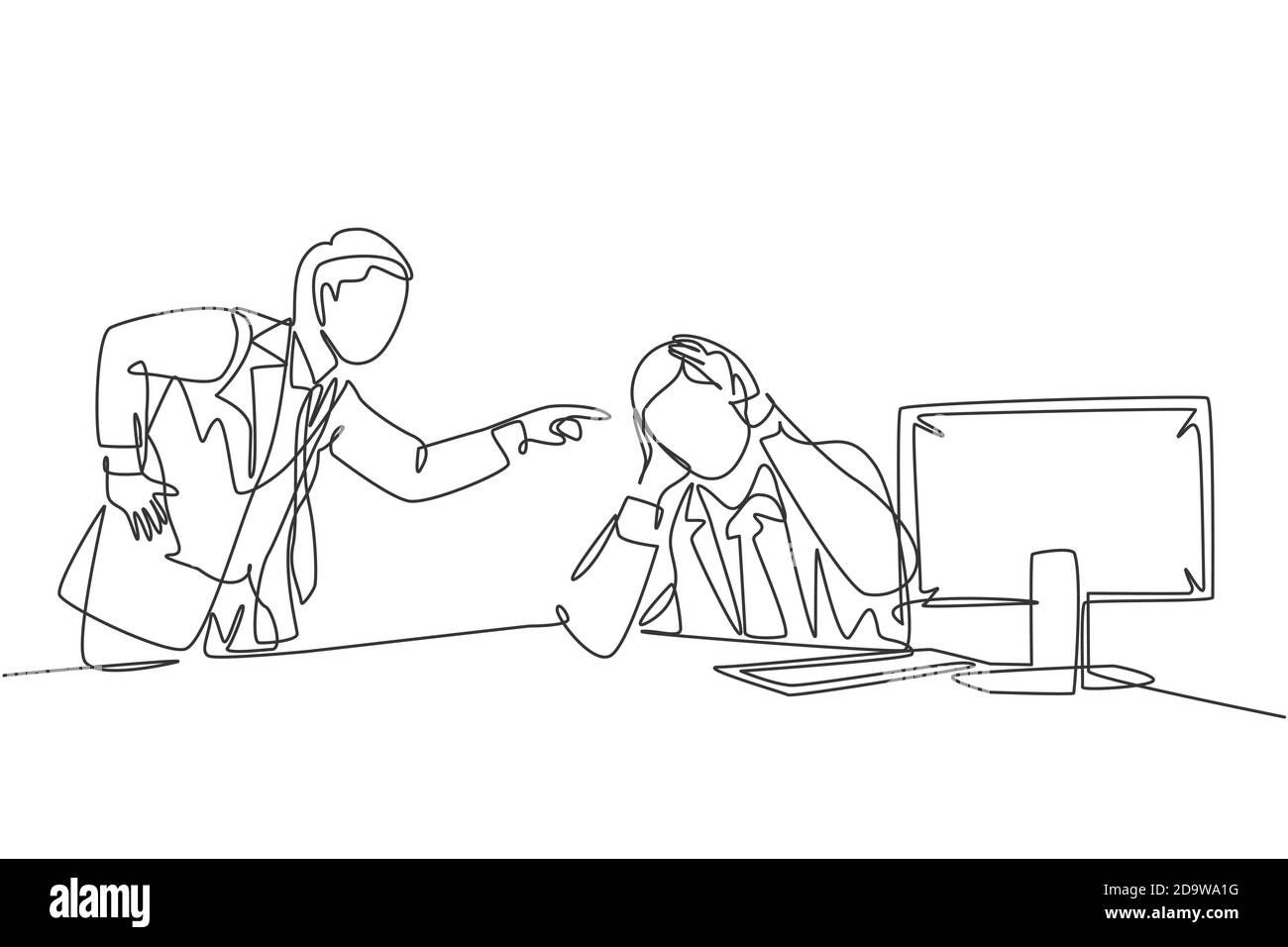 One continuous line drawing of young furious manager blaming his lazy ...