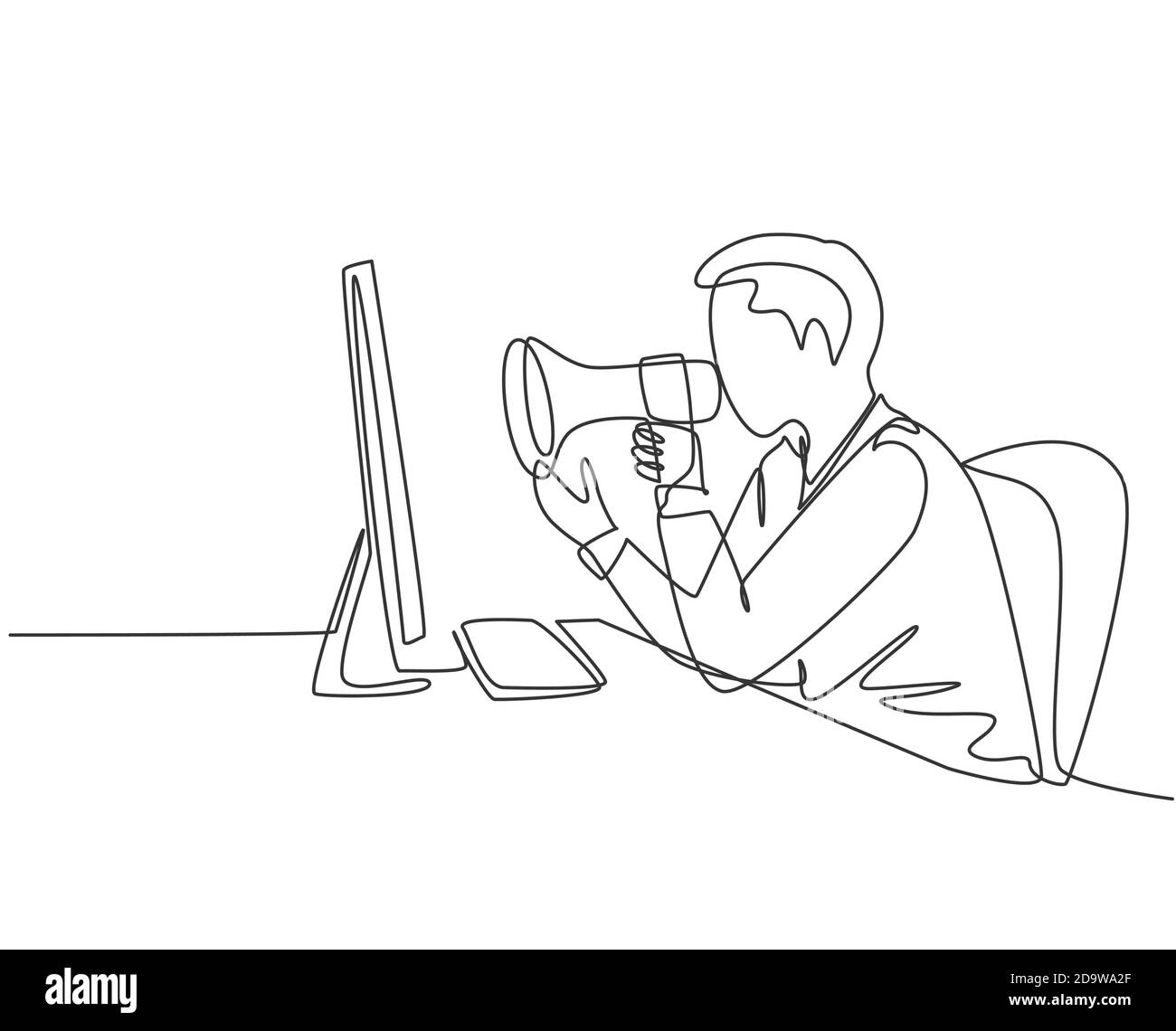 One continuous line drawing of young furious male manager screaming ...