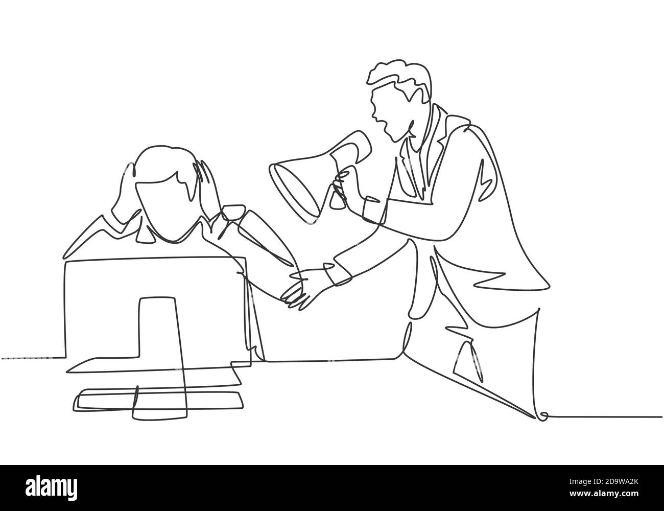 Single continuous line drawing of young frustrated manager shouting his ...