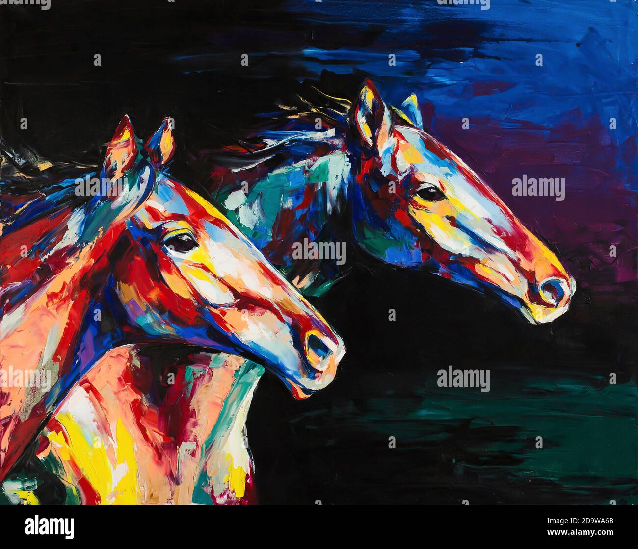 Oil horse portrait painting in multicolored tones. Conceptual abstract ...