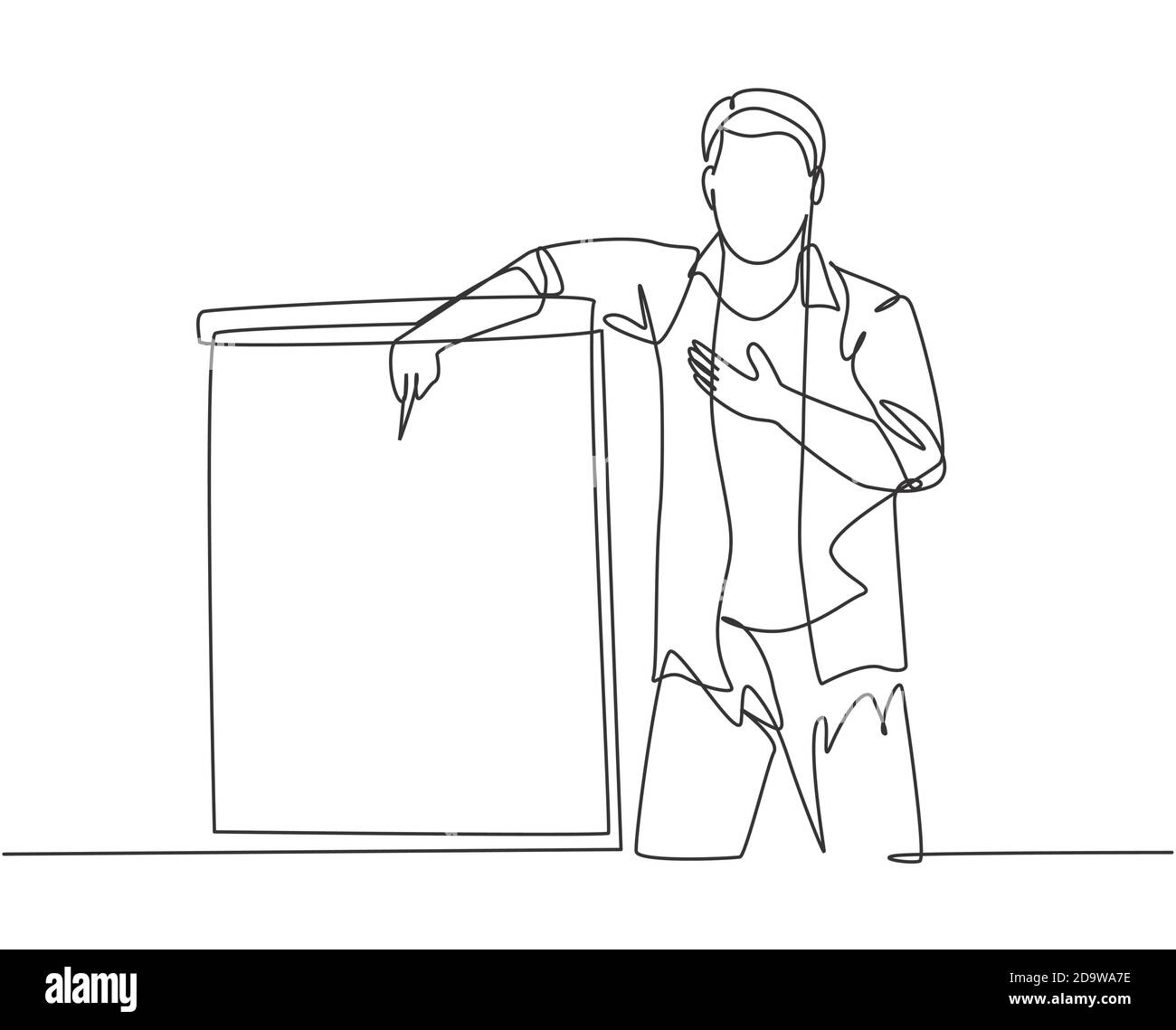 One continuous line drawing of young startup CEO present new golden ...