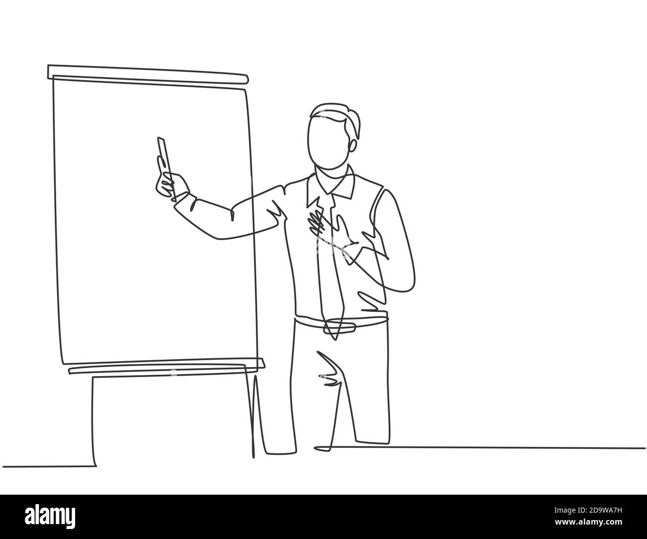 One single line drawing of young presenter explaining business strategy ...
