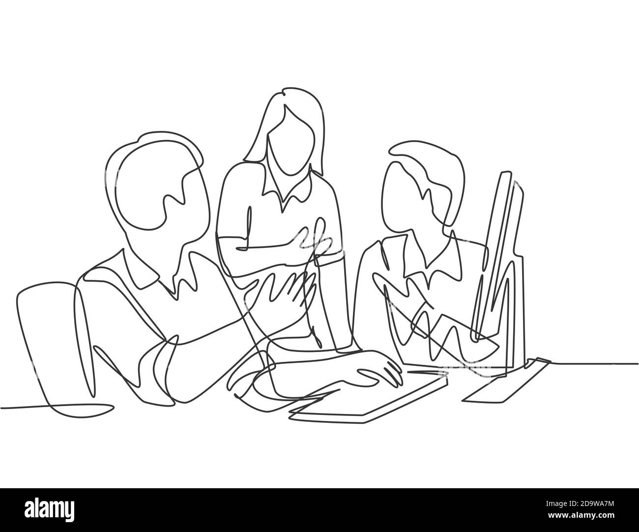 One continuous line drawing of young businessmen discussing new product ...