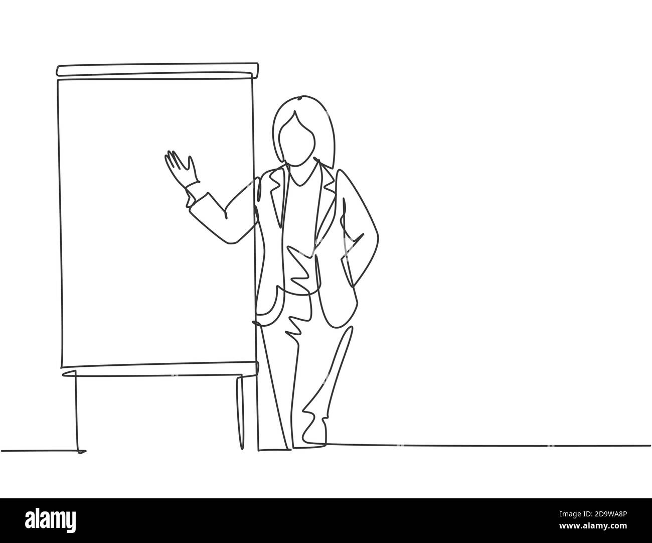 One single line drawing of young businesswoman presenting new golden ...