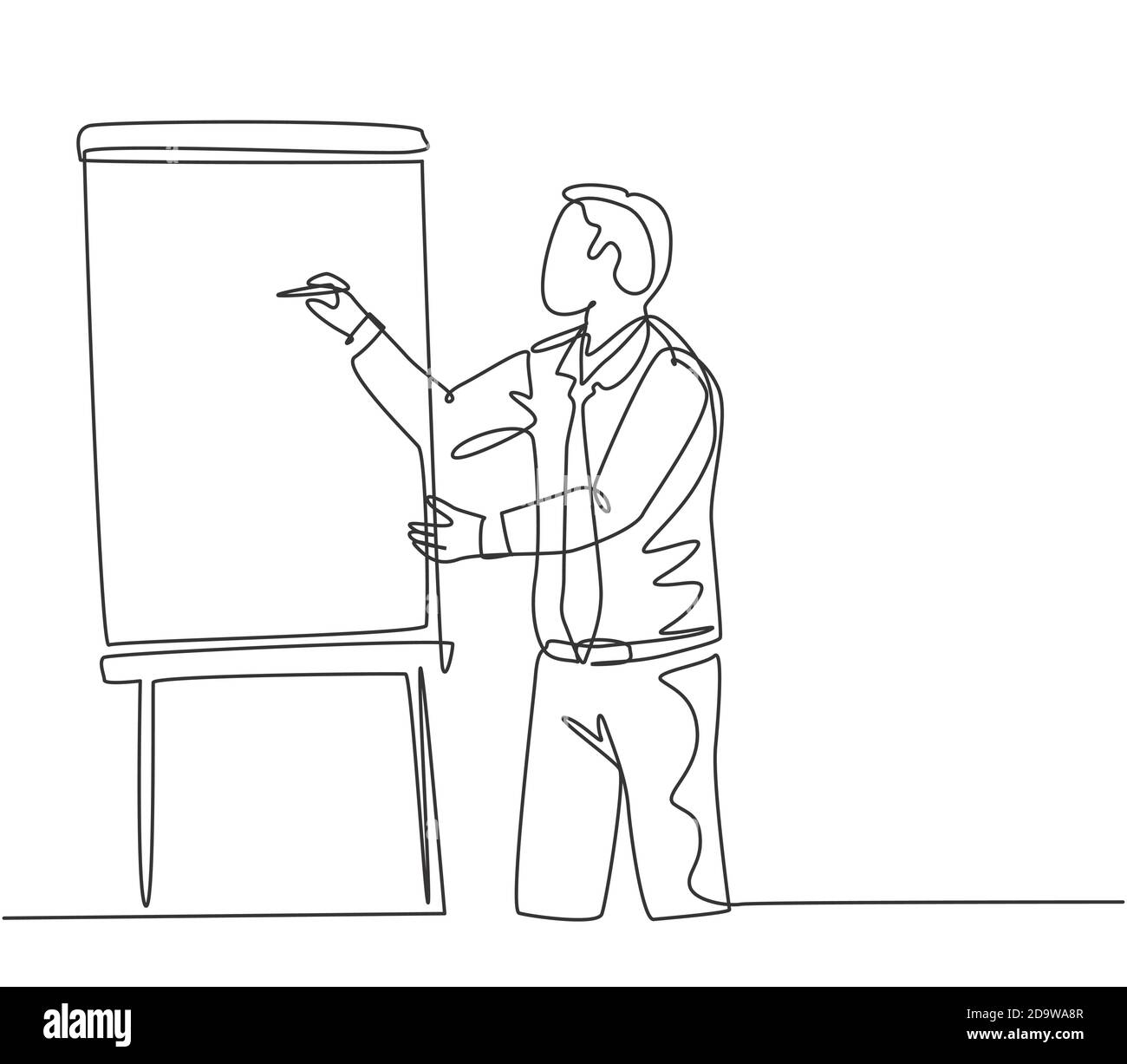Single continuous line drawing young businessman pointing the ...