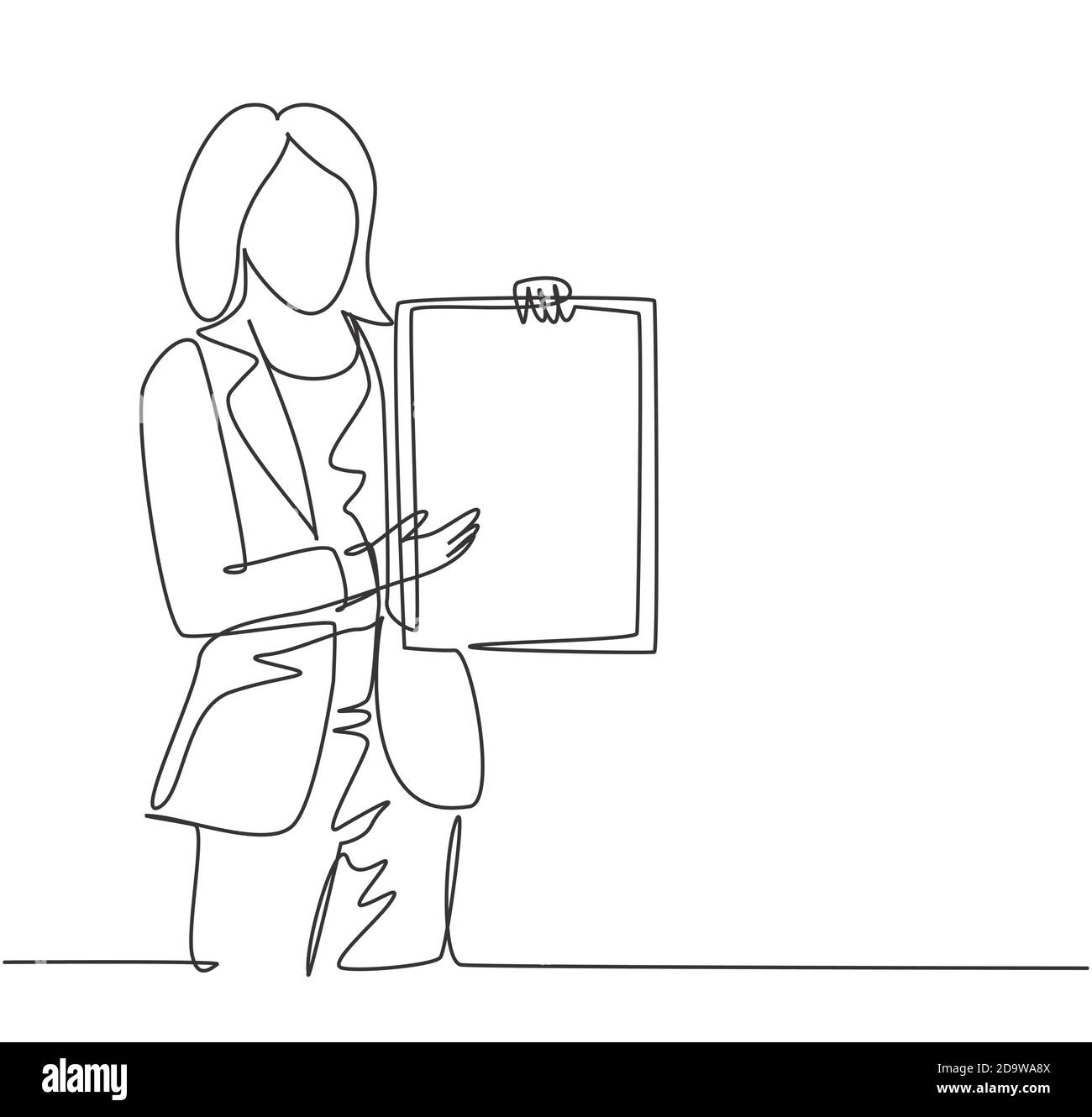 Single continuous line drawing of young female presenter presenting new ...