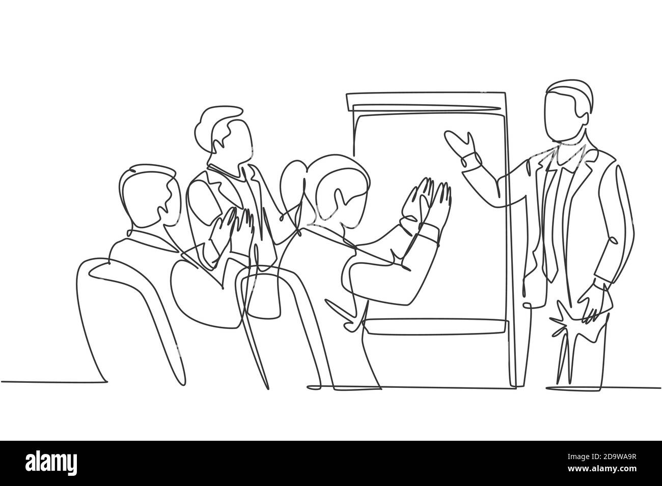 Single continuous line drawing young happy startup founder presenting ...