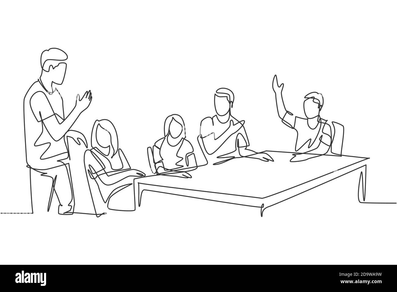 One single line drawing of young startup CEO lead the company gathering ...