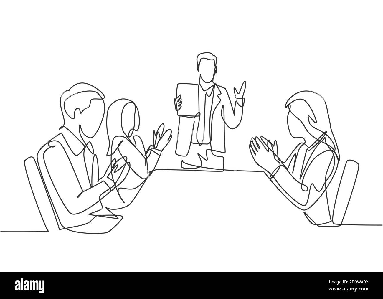 One single line drawing of young happy manager giving interpersonal ...