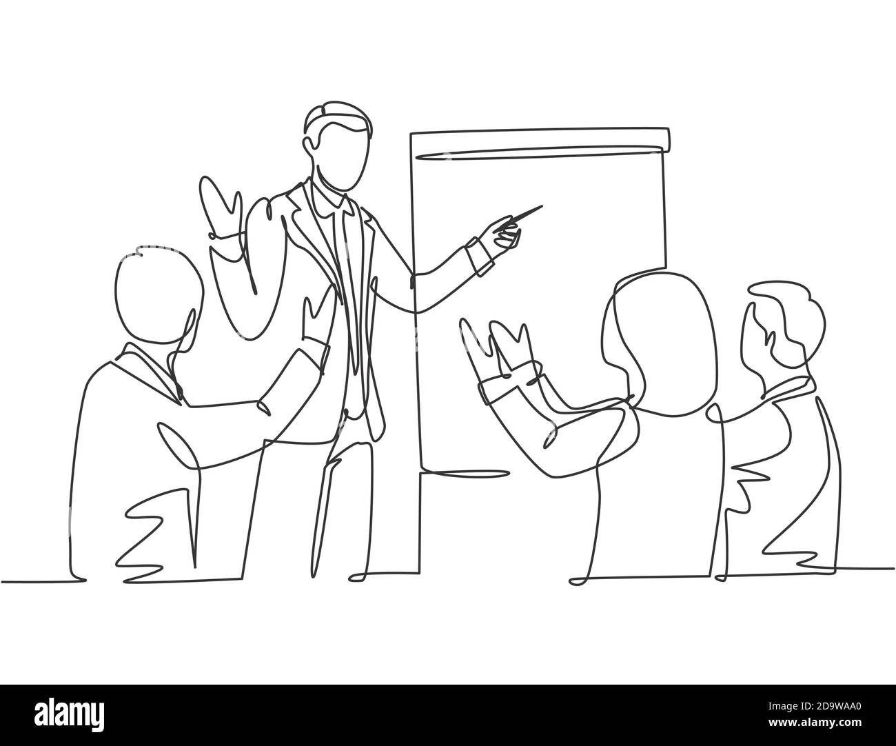 Single continuous line drawing young happy business trainer presenting ...