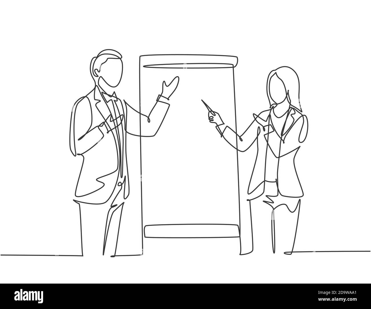 Single continuous line drawing of young happy male and female business ...