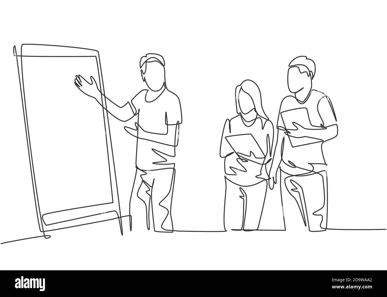 One single line drawing of young happy startup members discussing ...