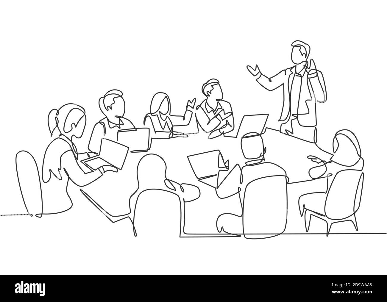 Single continuous line drawing of young happy trainer giving lifeskill ...