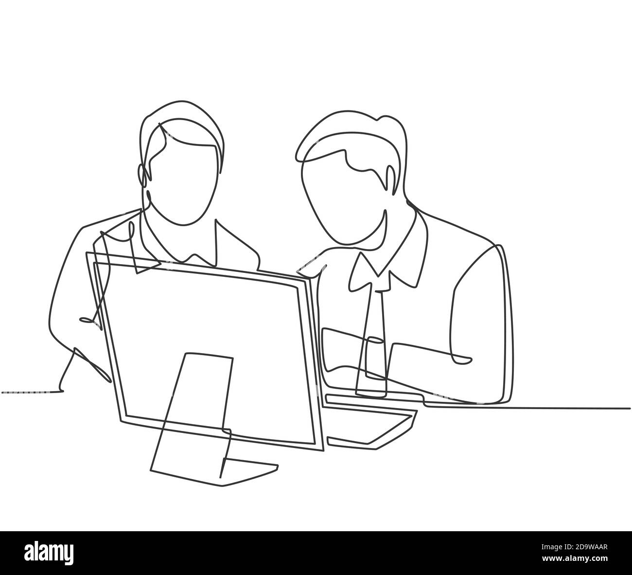Single continuous line drawing of two young sales manager analyze sales ...
