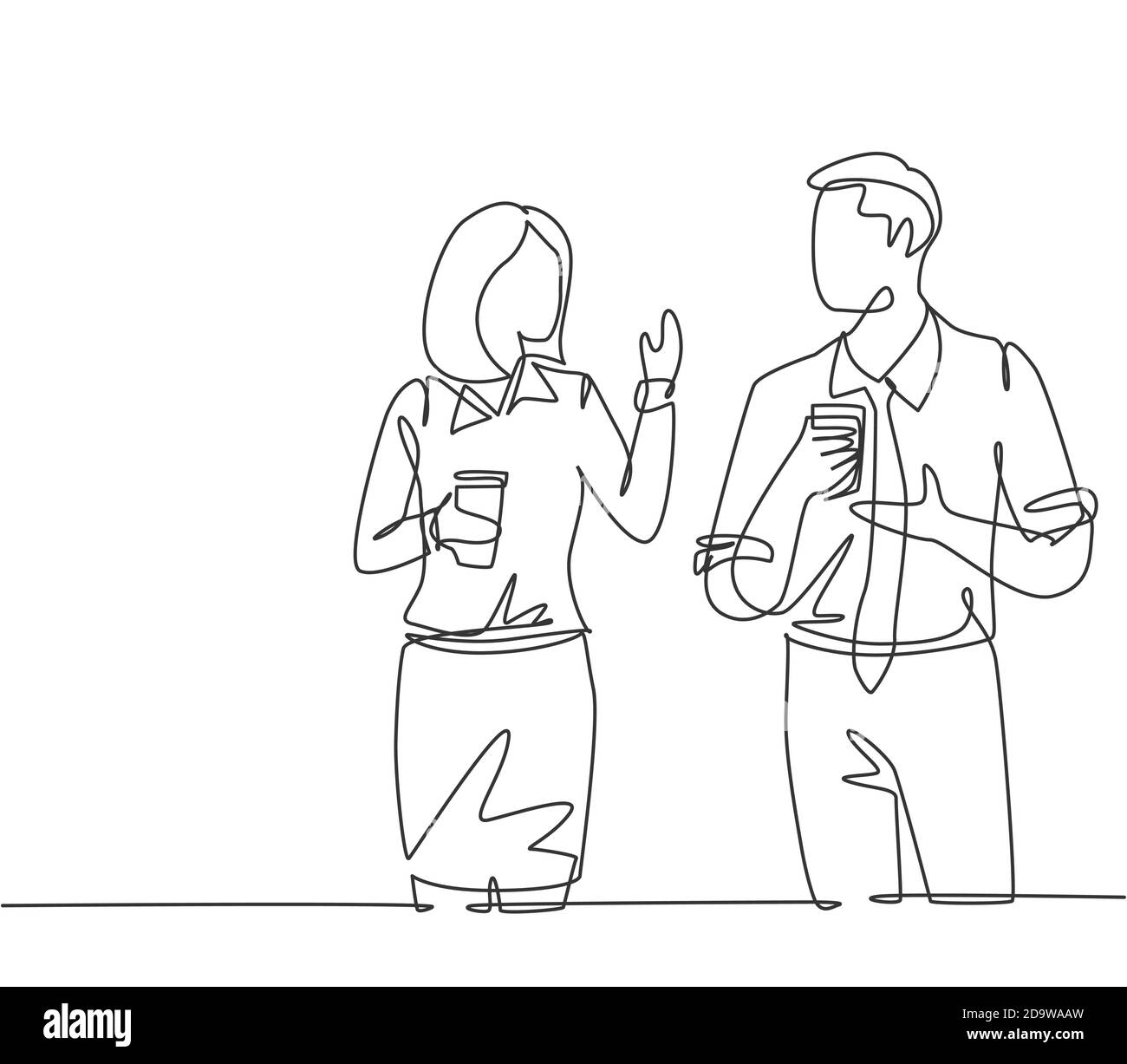 Single continuous line drawing two young male and female worker holding ...