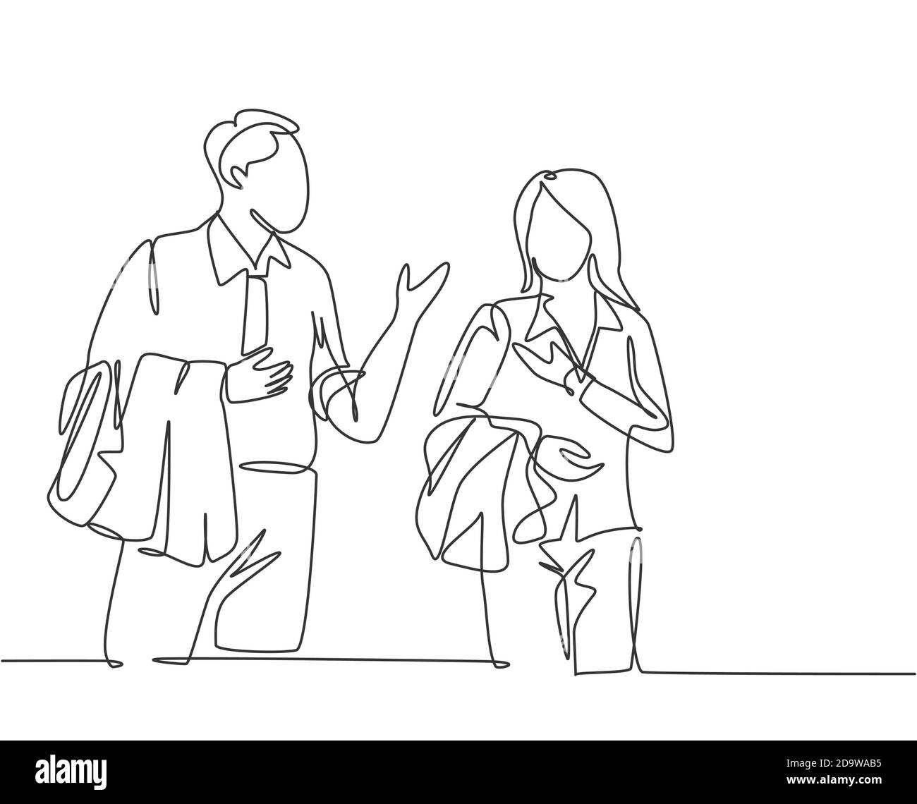 Single continuous line drawing of two young happy male and female ...