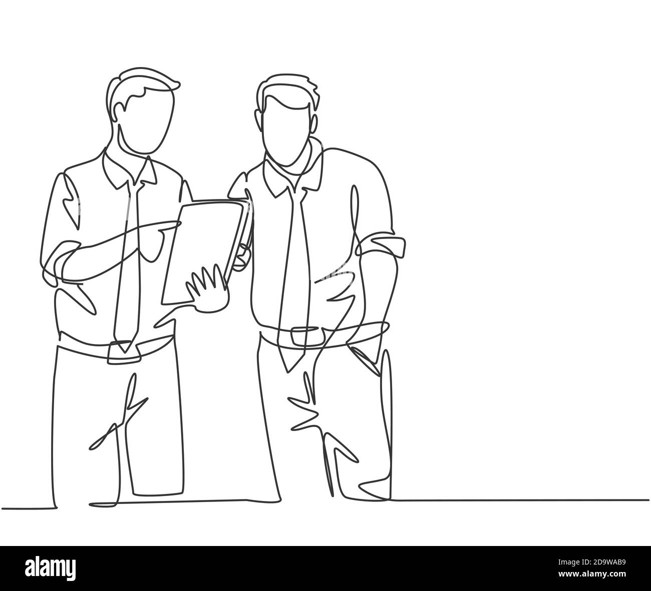 One continuous line drawing of young employee talking to his colleague ...