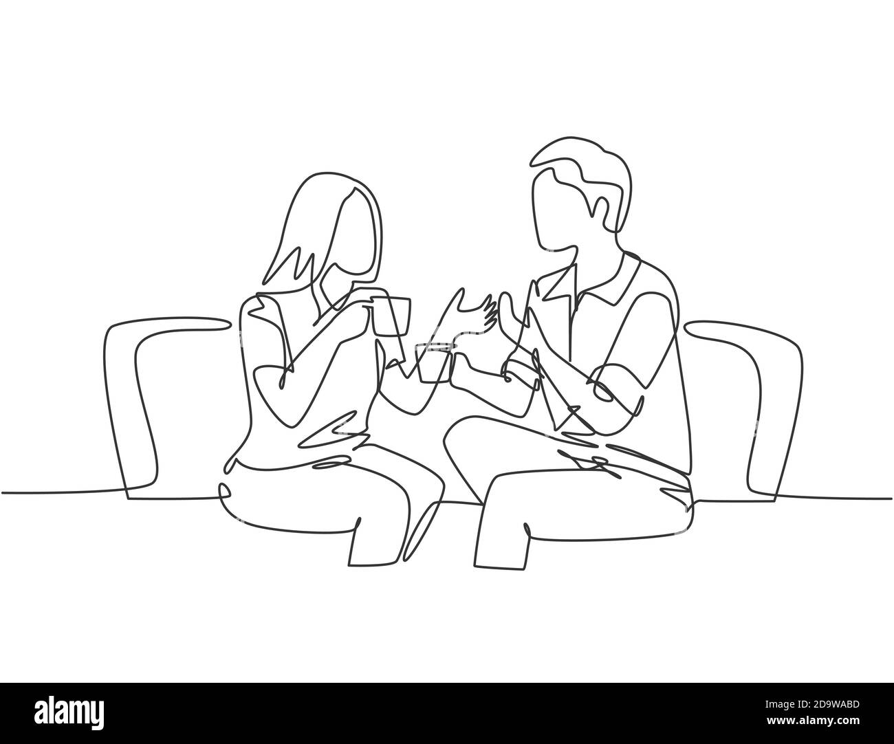 One continuous line drawing of young male and female worker chatting ...