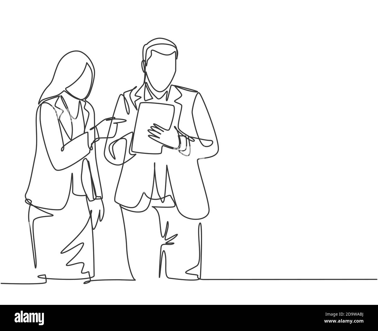 One single line drawing of young male and female employee discussing ...