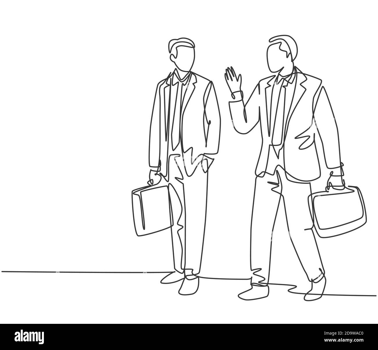 One single line drawing of two young company manager take a walk and ...