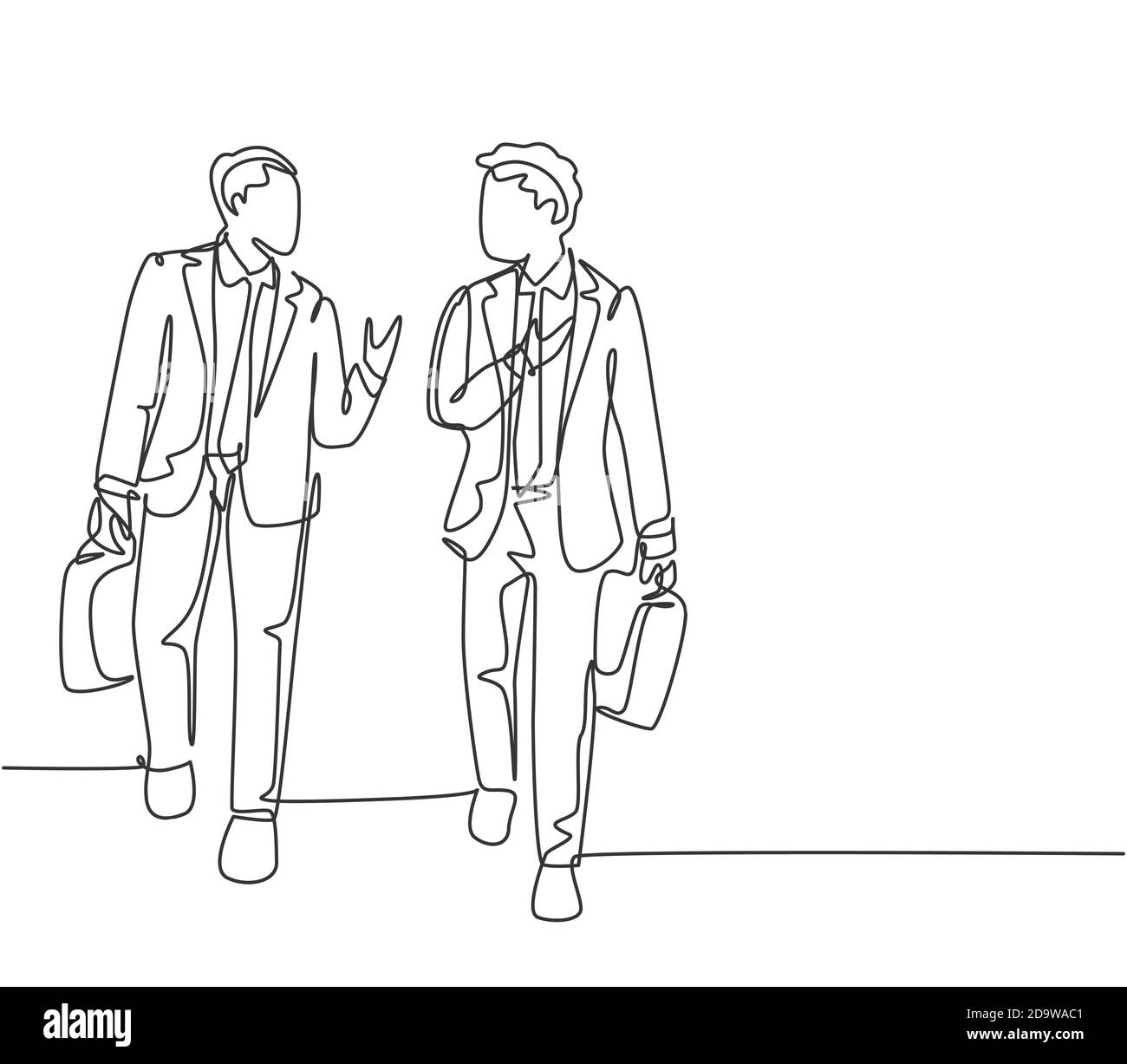 One single line drawing of two young company business men take a walk ...