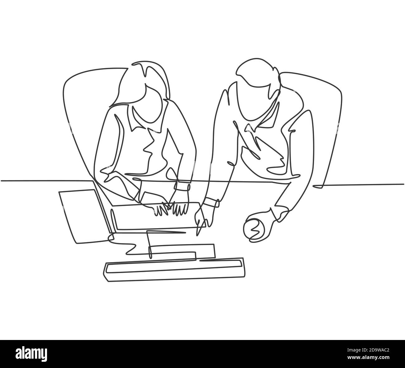 One continuous line drawing of young businessman and businesswoman ...