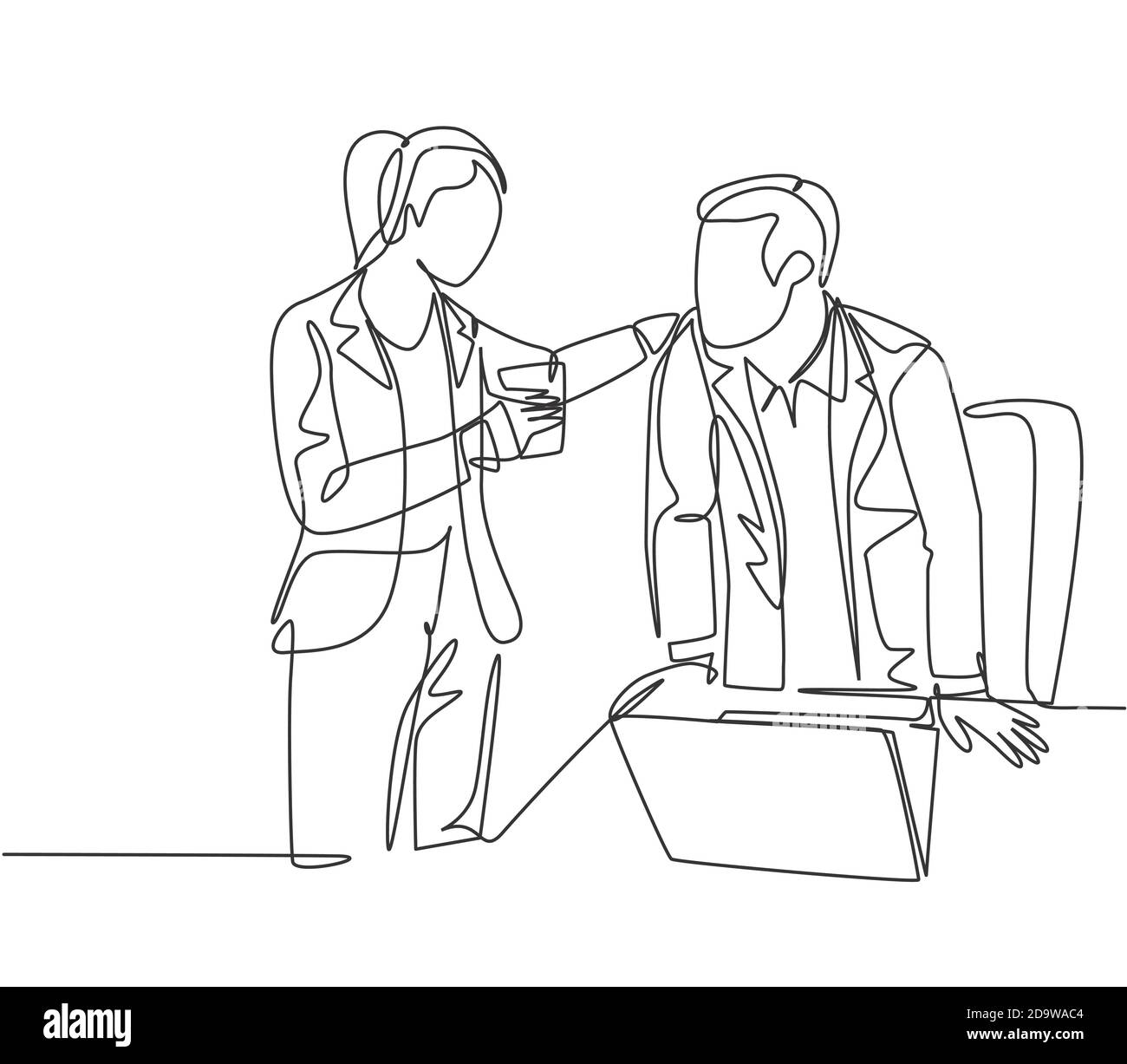 One continuous line drawing of young male and female employees engage ...