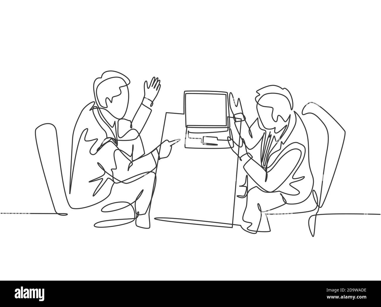 One single line drawing of two young businessmen exploring new business ...