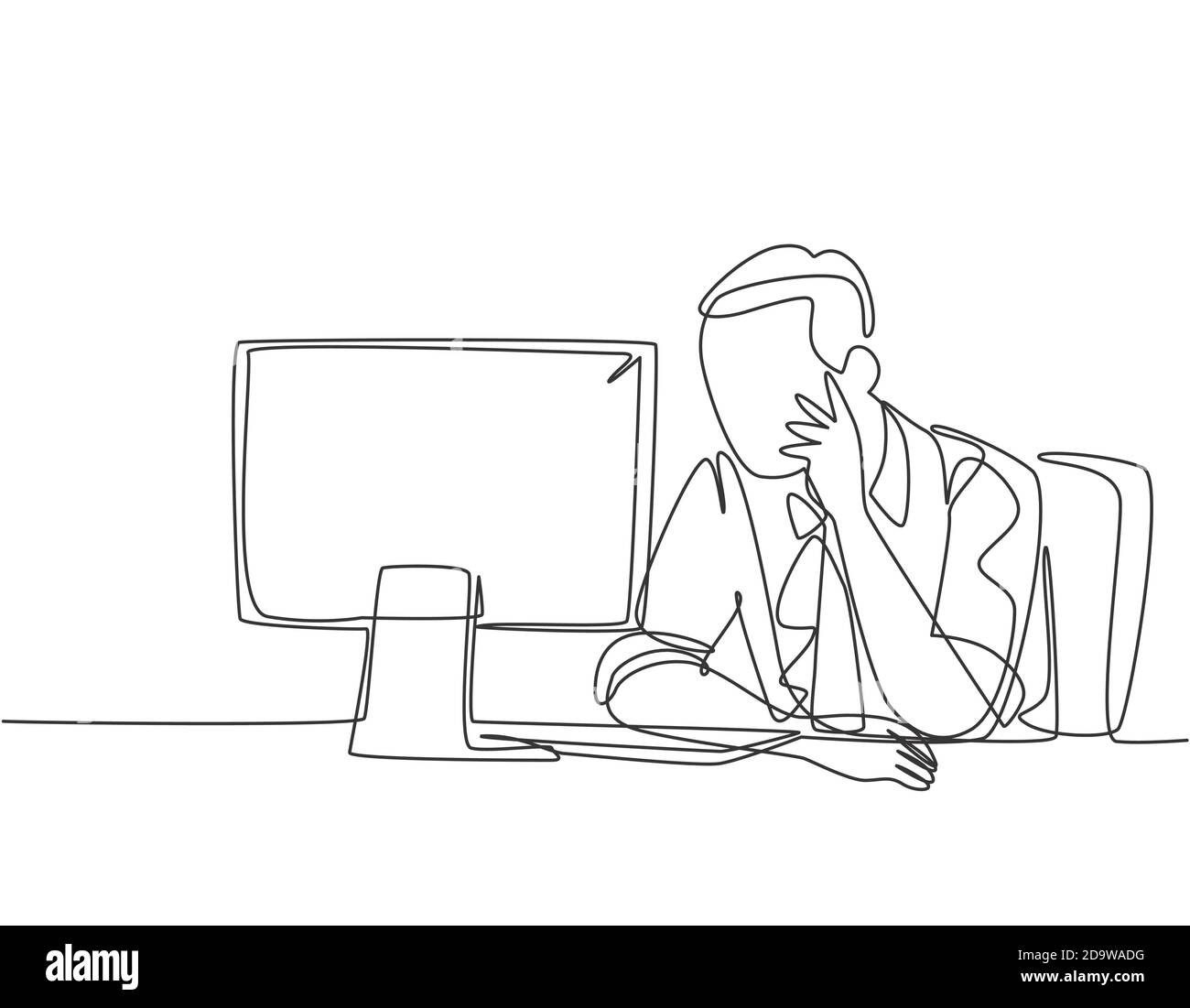 One continuous line drawing young business manager sitting on his desk ...