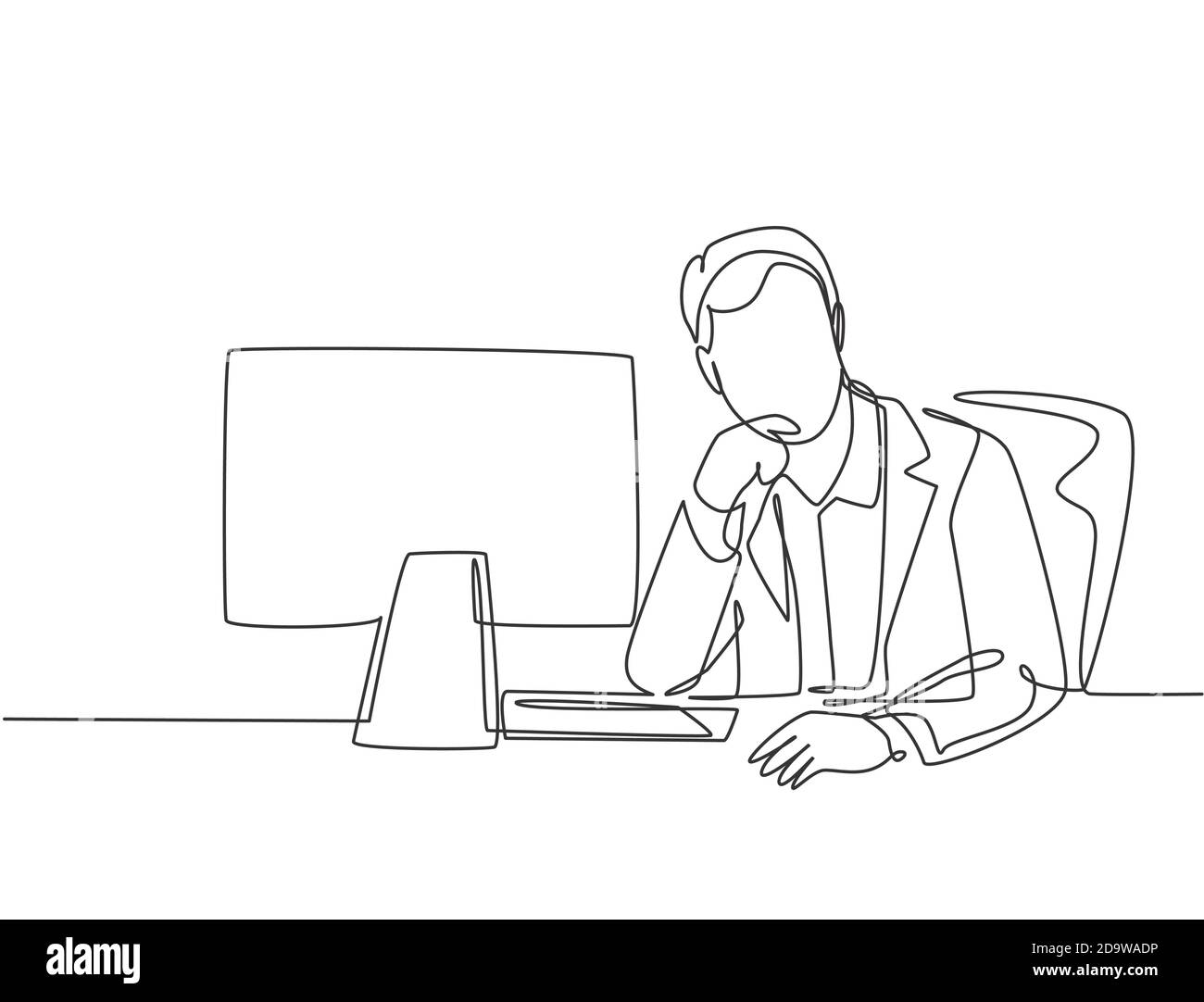 One continuous line drawing of young tired male employee pensive ...