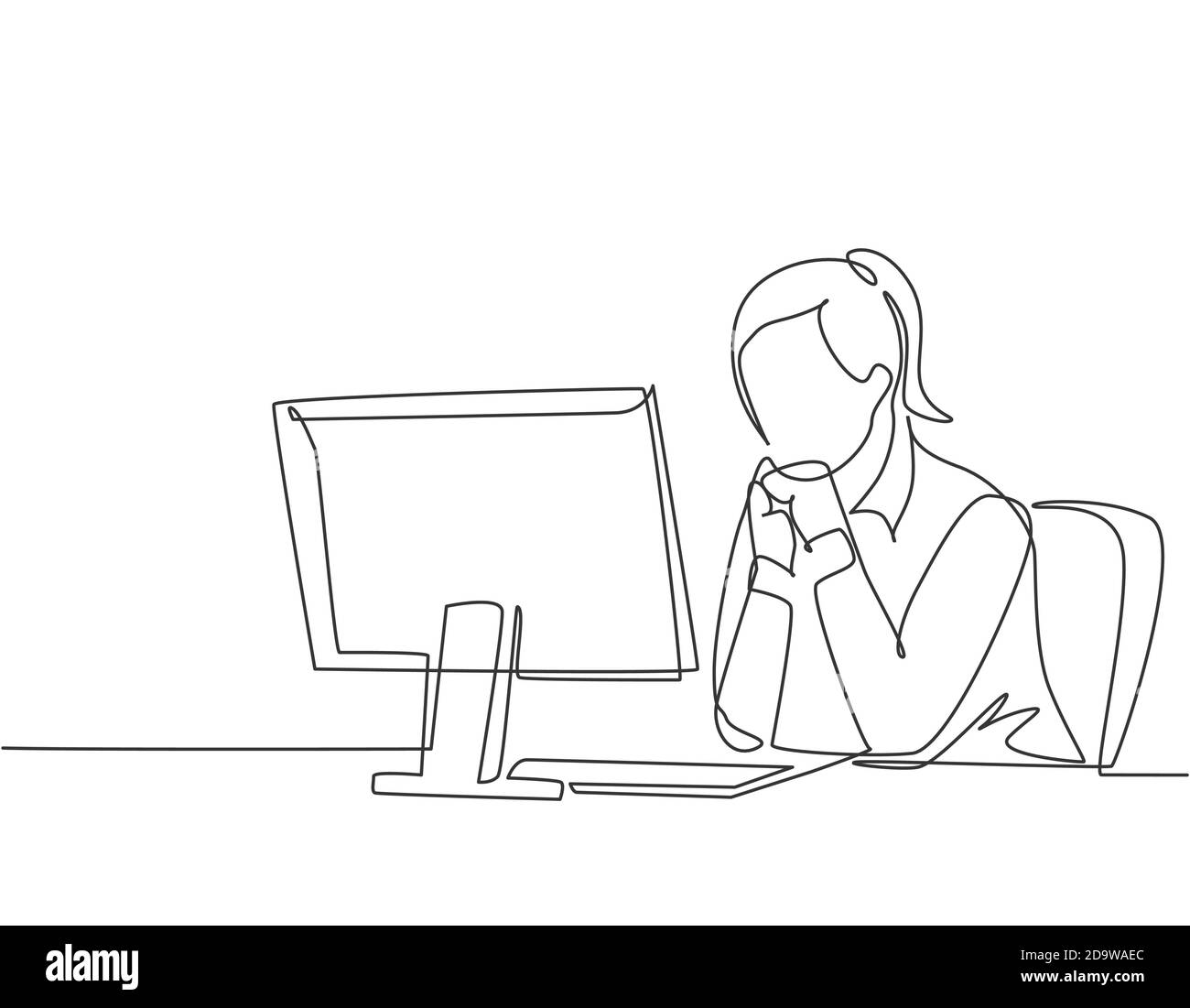 Single continuous line drawing of young female manager sitting calmly ...