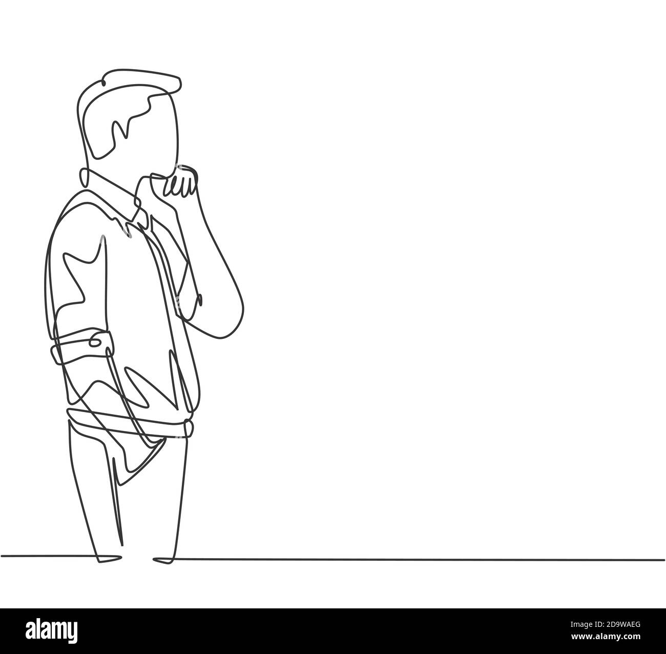 One single line drawing of young male worker seriously staring out of ...
