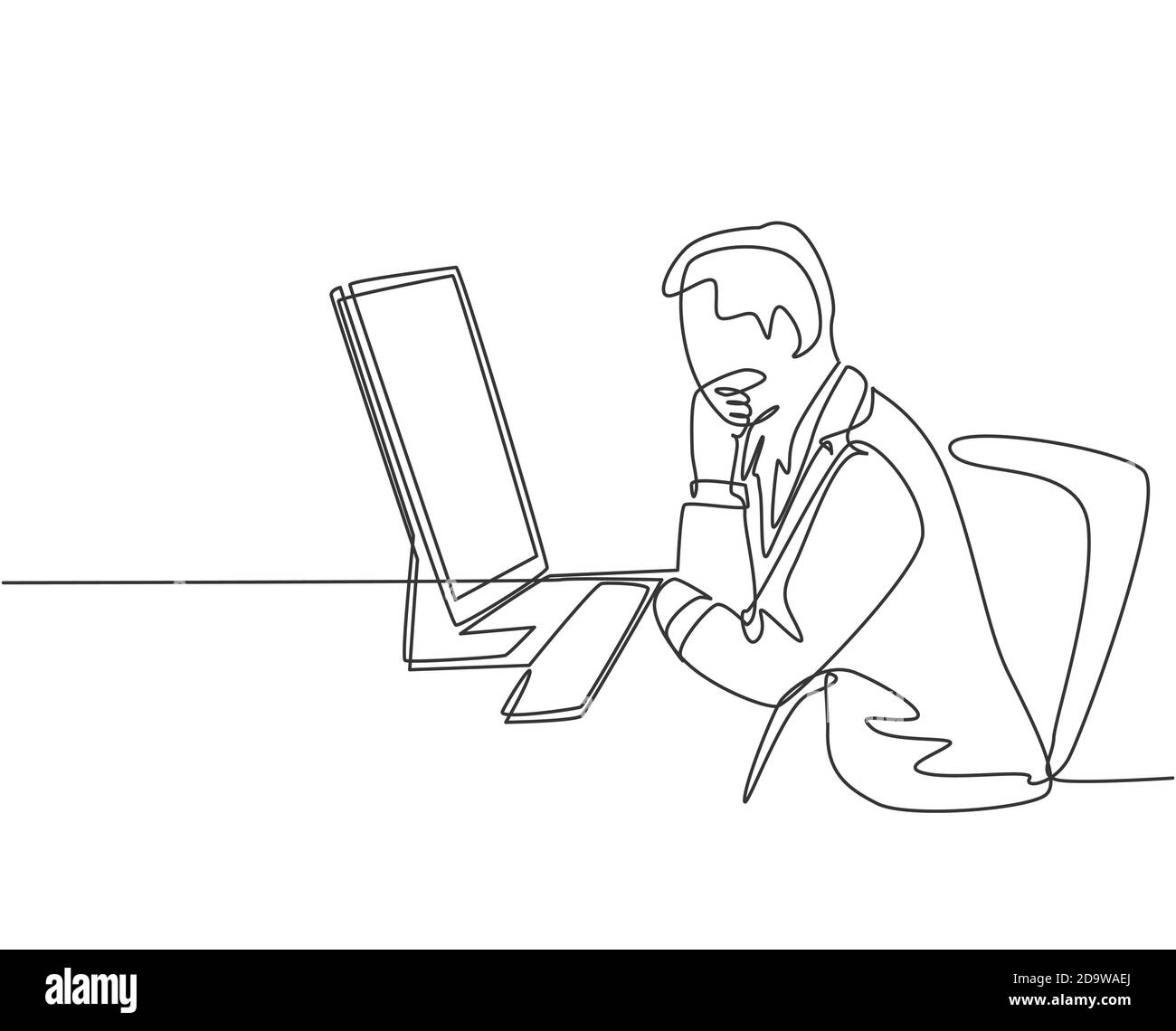 One continuous line drawing of young manager thinking seriously on his ...