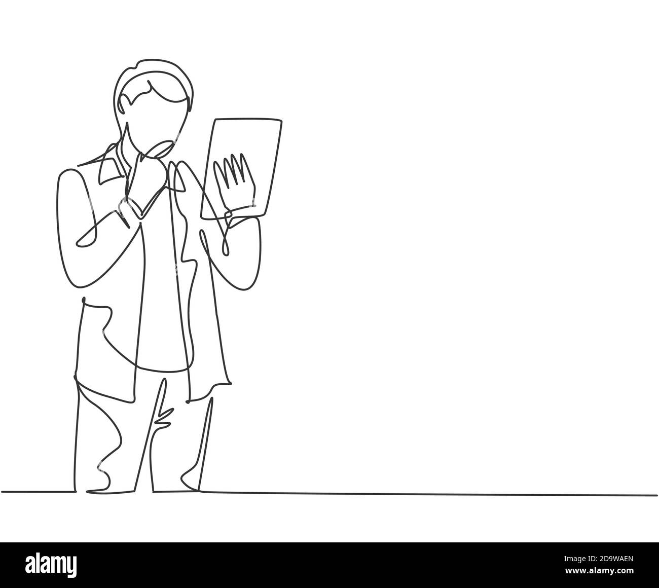 Single continuous line drawing of young business man standing while ...