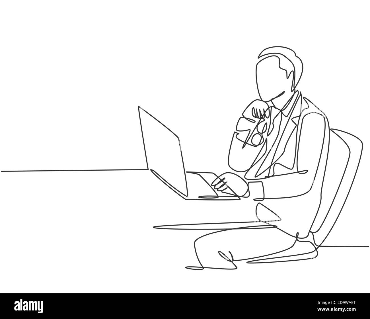 One continuous line drawing young manager focus thinking and holding ...