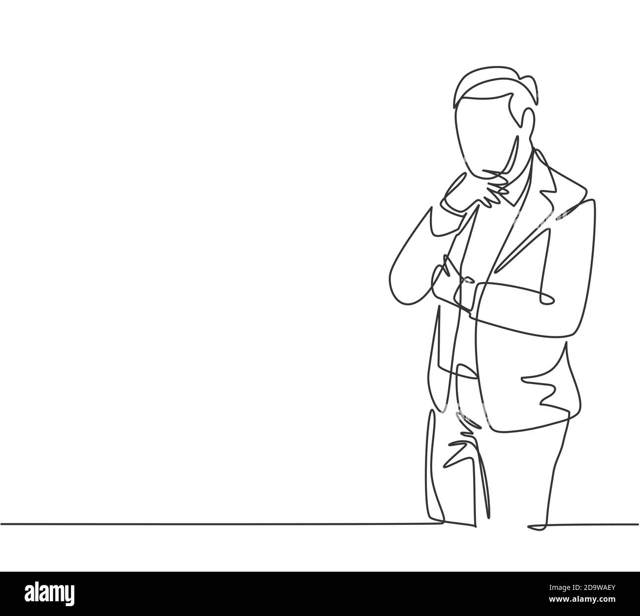 One continuous line drawing of young confused business man standing and ...