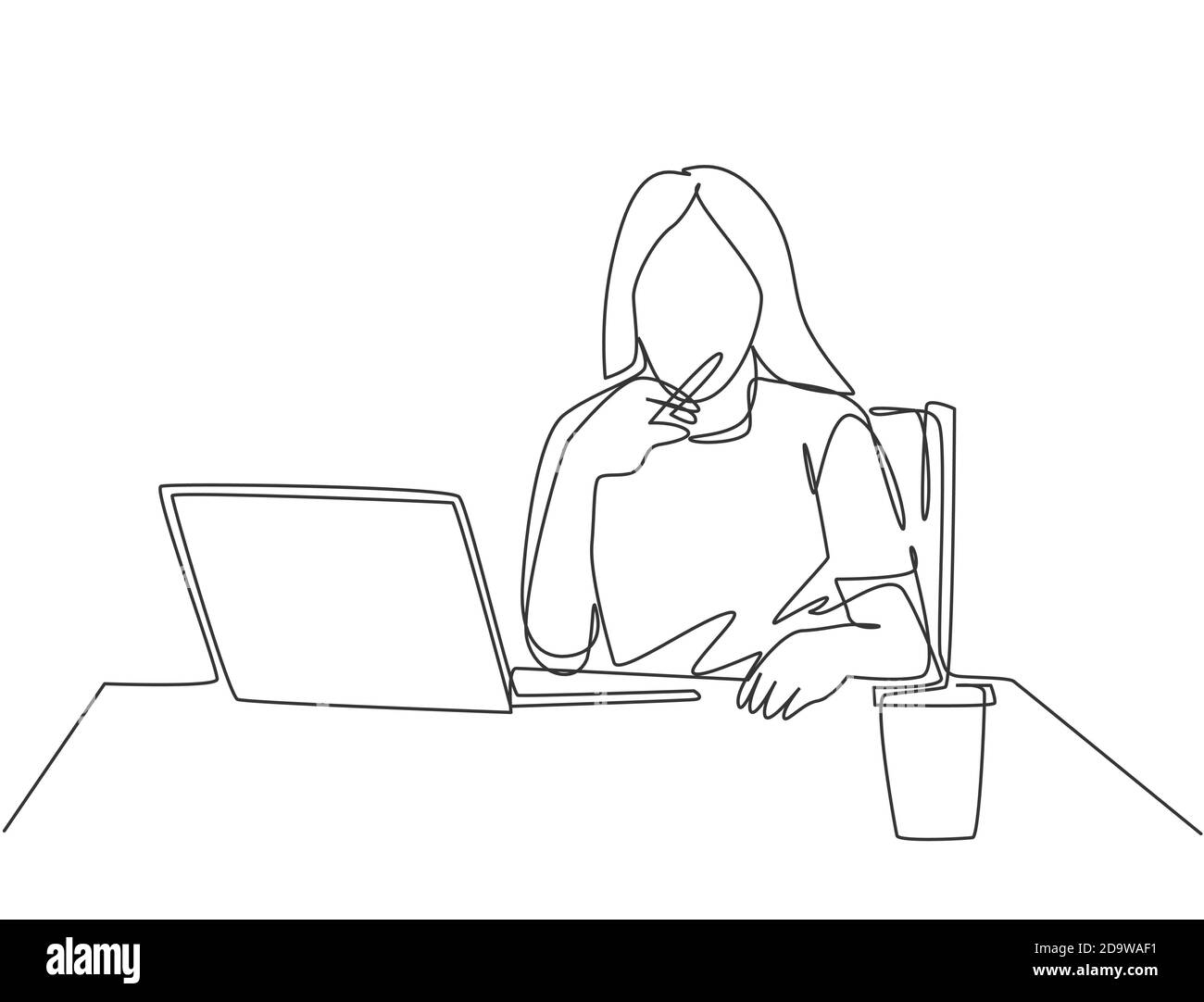 One continuous line drawing of young female employee sitting on her ...