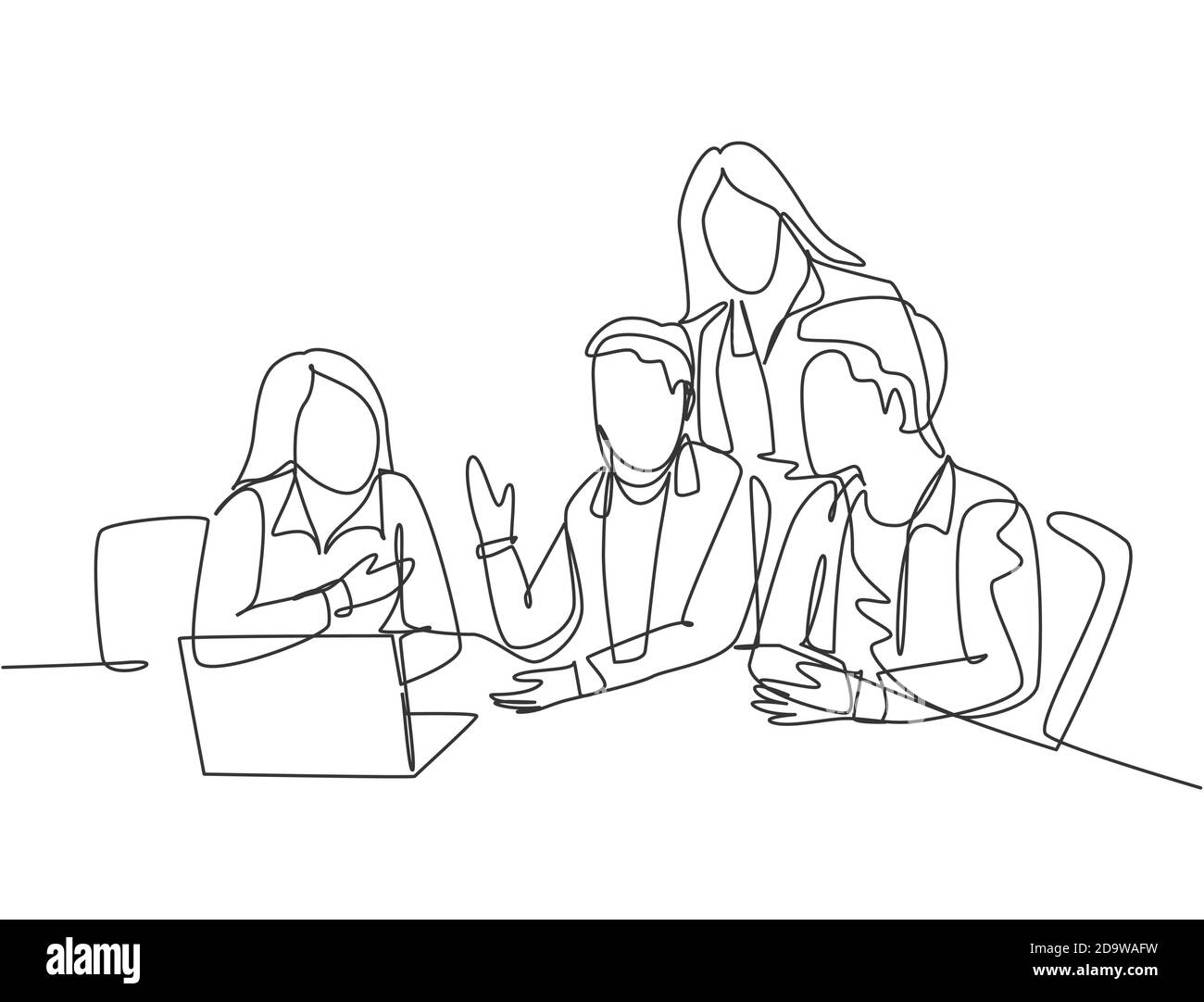 One single line drawing of young business men watching laptop screen ...