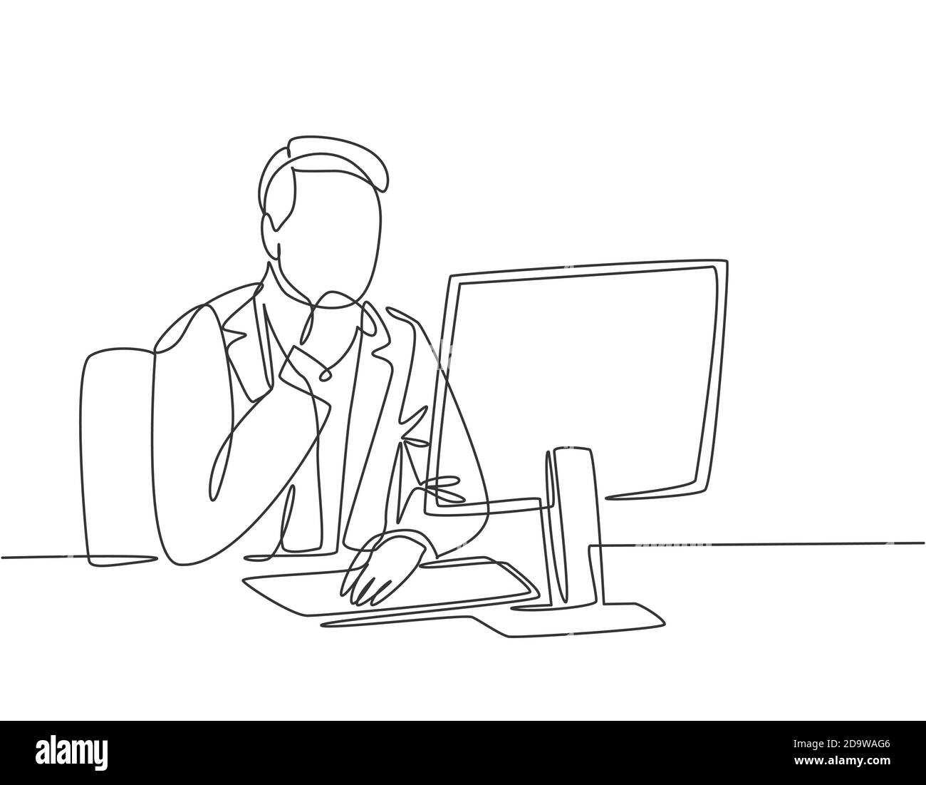 One single line drawing of young startup CEO thinking company growth ...