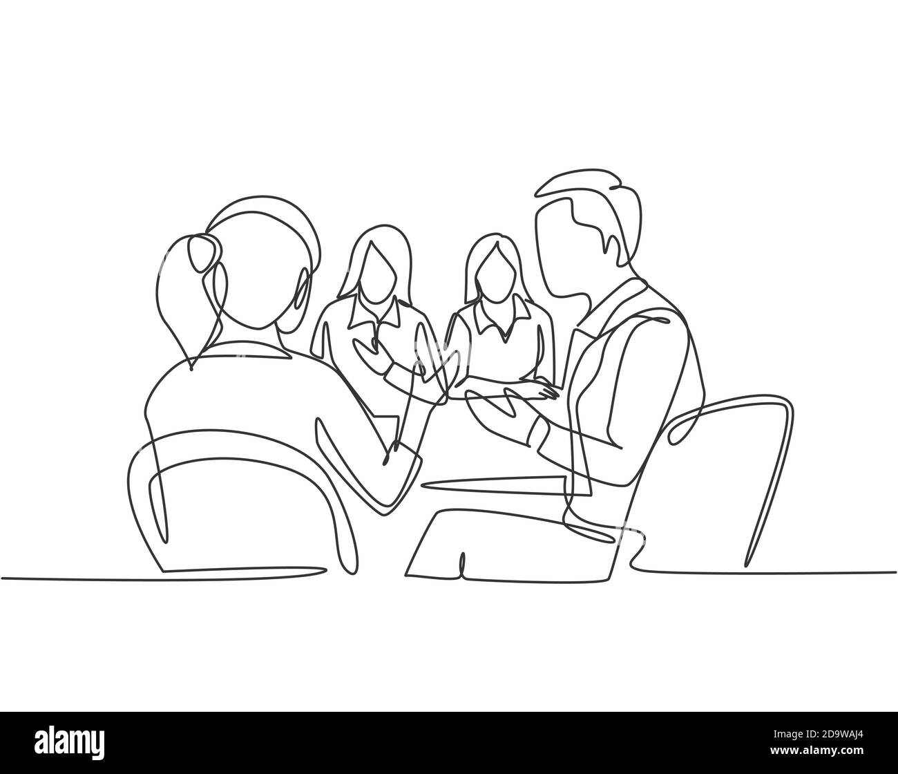 One continuous line drawing of young woman manger announcing company ...