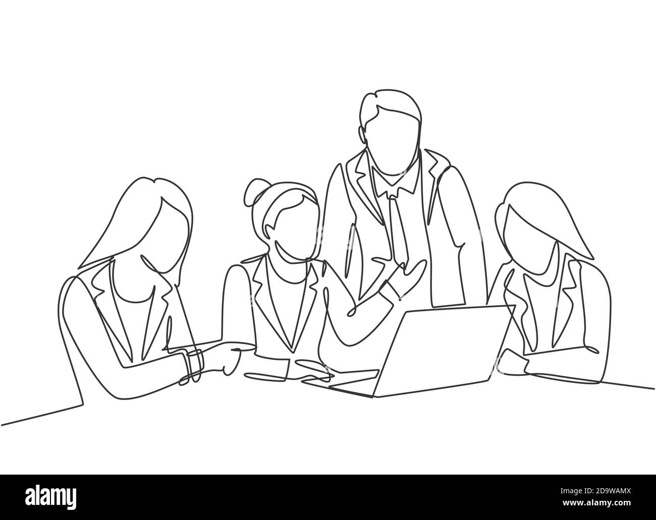 One single line drawing of young happy female CEO presenting new ...