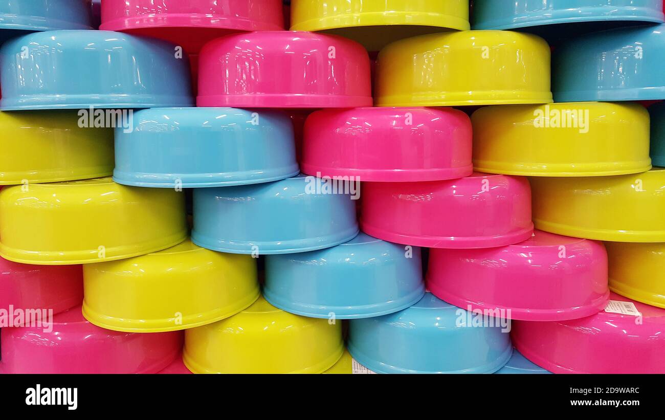 Group of colorful plastic water bowls texture background Stock Photo ...