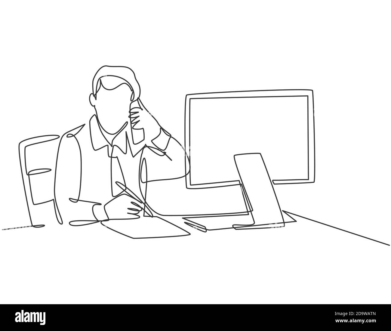 One single line drawing young startup CEO writing business deal draft ...