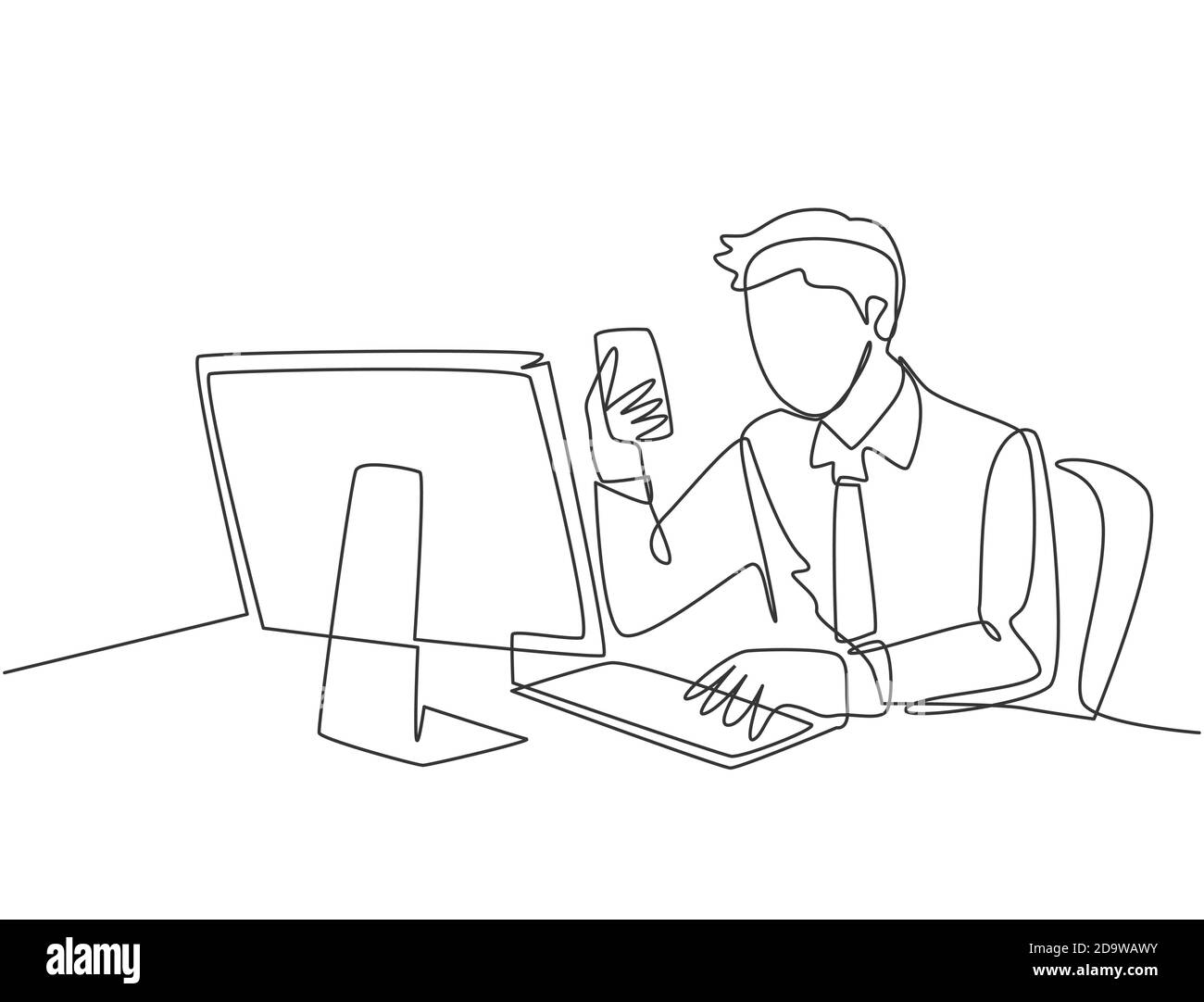 Single continuous line drawing young manager typing message on ...